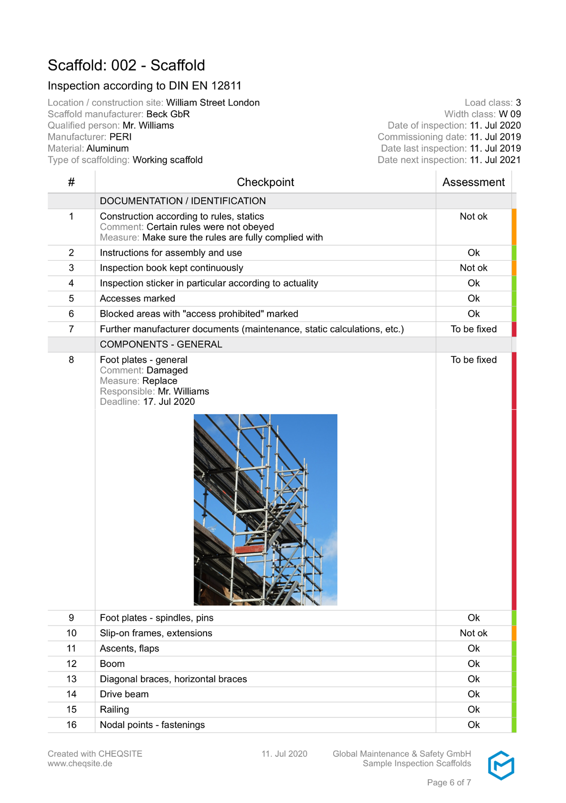Checklist for the inspection of scaffolds - CHEQSITE